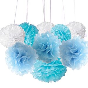 18pcs Tissue Hanging Paper Pom-poms, Hmxpls Flower Ball Wedding Party Outdoor Decoration Premium Tissue Paper Pom Pom Flowers Craft Kit (Blue & White), 8"/ 10"/ 12"