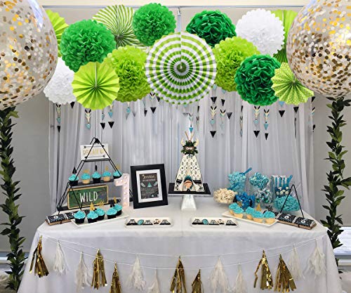 Green Hanging Paper Party Decorations, Round Paper Fans Set Paper Pom Poms Flowers for Birthday Wedding Graduation Baby Shower Events Accessories