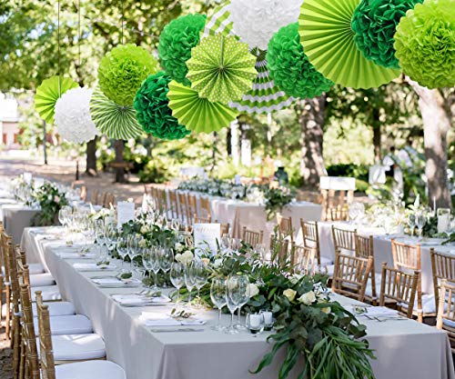 Green Hanging Paper Party Decorations, Round Paper Fans Set Paper Pom Poms Flowers for Birthday Wedding Graduation Baby Shower Events Accessories