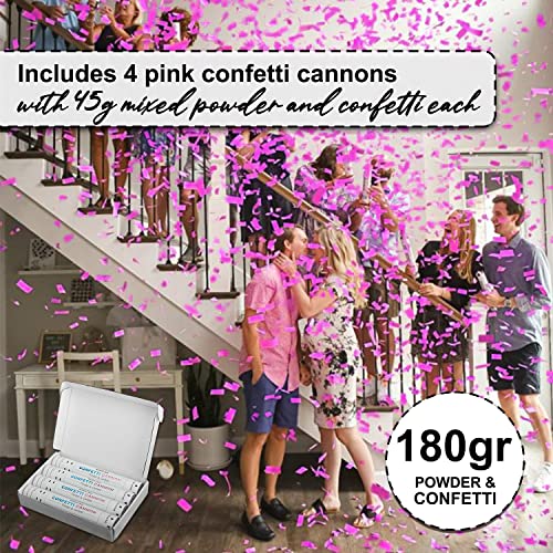 Gender Reveal Confetti Cannon Pink, WERISE Gender Reveal Smoke Bomb Only Pink with Biodegradable Confetti and Powder for Gender Reveal Party Supplies, Baby Girl Shower - 4 Pack (12 In)