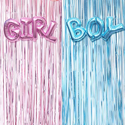 Gender Reveal Decoration Set - Metallic Fringe Curtains + BOY Girl Foil Balloons Gender Reveals Party Photo Backdrop (Pink/Blue)