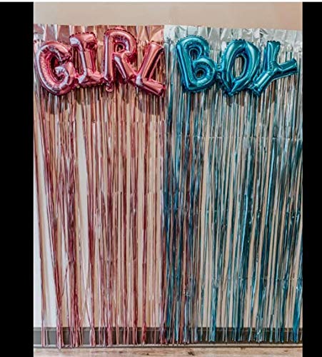 Gender Reveal Decoration Set - Metallic Fringe Curtains + BOY Girl Foil Balloons Gender Reveals Party Photo Backdrop (Pink/Blue)