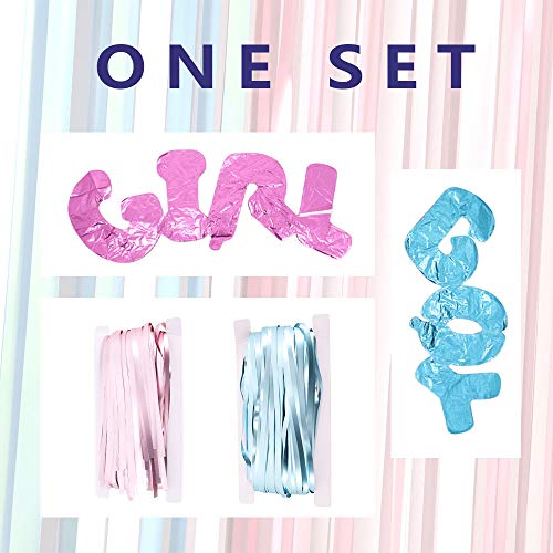 Gender Reveal Decoration Set - Metallic Fringe Curtains + BOY Girl Foil Balloons Gender Reveals Party Photo Backdrop (Pink/Blue)