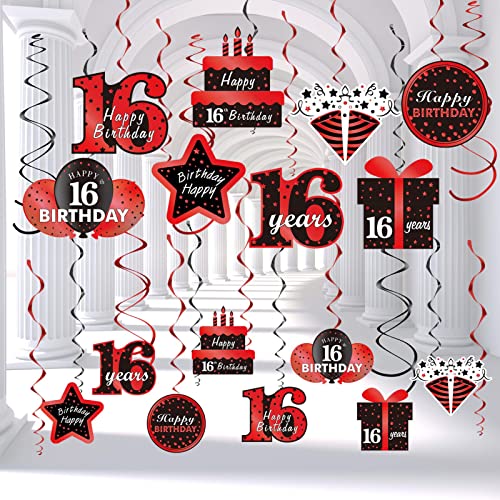 Red Black 16th Birthday Hanging Swirl Decorations for Boys Girls, 30Pcs Happy 16 Birthday Foil Swirls Party Supplies, Sixteen Year Old Bday Ceiling Hanging Sign Decor