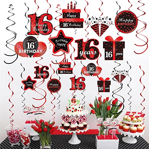 Red Black 16th Birthday Hanging Swirl Decorations for Boys Girls, 30Pcs Happy 16 Birthday Foil Swirls Party Supplies, Sixteen Year Old Bday Ceiling Hanging Sign Decor