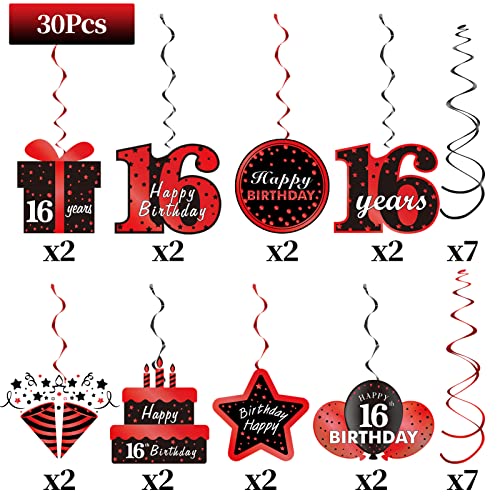 Red Black 16th Birthday Hanging Swirl Decorations for Boys Girls, 30Pcs Happy 16 Birthday Foil Swirls Party Supplies, Sixteen Year Old Bday Ceiling Hanging Sign Decor