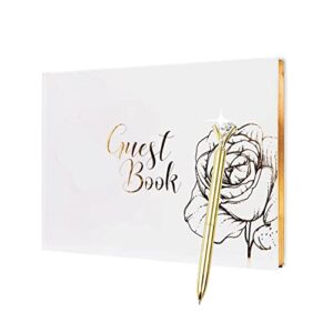 gold floral wedding guest book with gold pen, guest sign-in book white cover with foil for guests visitors to sign at wedding party hotel baby bridal shower, wedding guestbook alternative