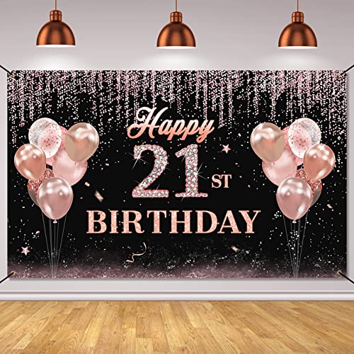 Vlipoeasn 21st Birthday Decorations for Her Rose Gold 21st Birthday Backdrop 21st Birthday Banner Happy 21st Birthday Party Supplies 21 Years Old Birthday Decoration