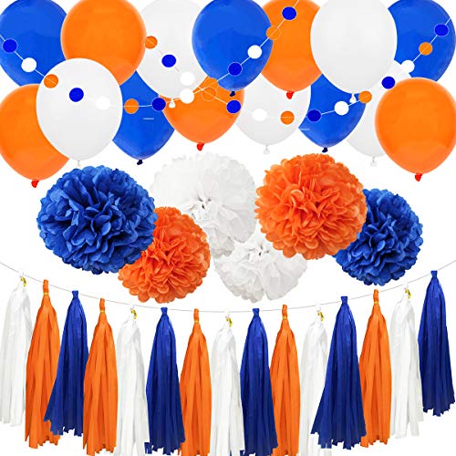 Carnival Navy Blue Orange White 38pcs American Birthday Bachelorette Baby Shower Wedding Party Decoration Kit - - 12" 10" Tissue Pom Pom, 12' Latex Balloon, Paper Tassel, Circle Dot Garland