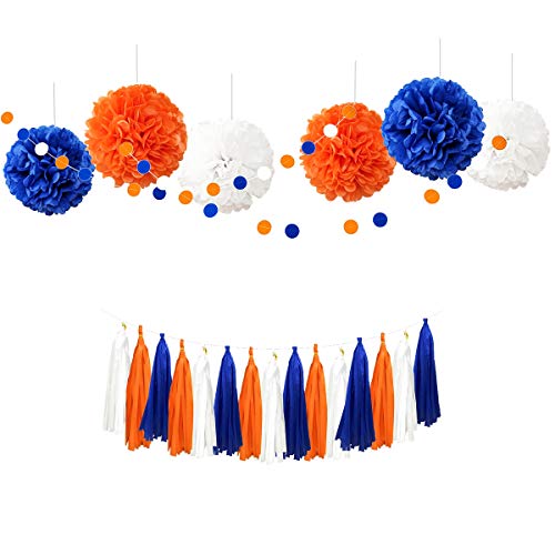 Carnival Navy Blue Orange White 38pcs American Birthday Bachelorette Baby Shower Wedding Party Decoration Kit - - 12" 10" Tissue Pom Pom, 12' Latex Balloon, Paper Tassel, Circle Dot Garland