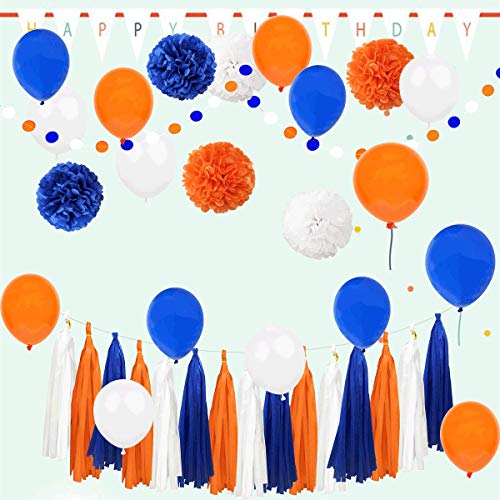 Carnival Navy Blue Orange White 38pcs American Birthday Bachelorette Baby Shower Wedding Party Decoration Kit - - 12" 10" Tissue Pom Pom, 12' Latex Balloon, Paper Tassel, Circle Dot Garland