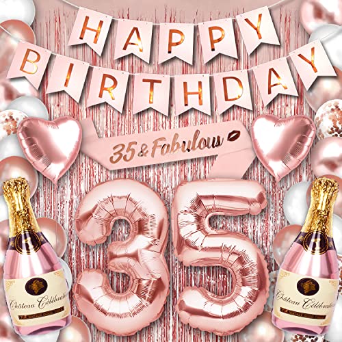 35th Birthday Party Decorations Rose Gold Supplies Big Set for Women with Happy Birthday Balloons Banner and 35 Digit Balloon for Her Including Latex and Confetti Balloons