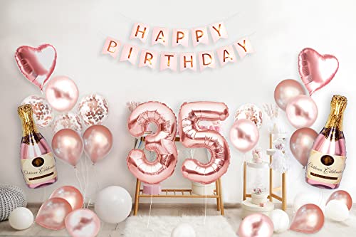 35th Birthday Party Decorations Rose Gold Supplies Big Set for Women with Happy Birthday Balloons Banner and 35 Digit Balloon for Her Including Latex and Confetti Balloons