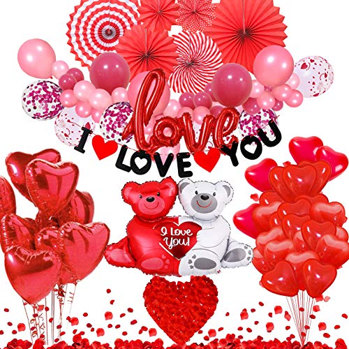 HIPEEWO Valentines Day Party Decorations - Valentine's Day Decorations Including Banner, Paper Fans, Silk Rose Petals, Teddy Bear, Red Heart and Love Foil Balloons for Valentines, Anniversary, Wedding