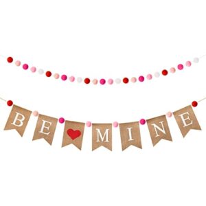 watinc 2pcs valentine’s day burlap banners pom pom garland set, be mine burlap banner with felt ball decoration, valentine wedding anniversary party bunting garland lover romantic hanging decors