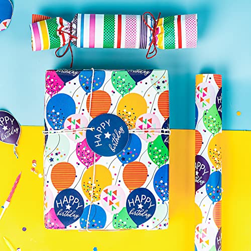 WRAPAHOLIC Birthday Reversible Wrapping Paper - Mini Roll - 17 Inch X 33 Feet - Colorful Balloon with Confetti Design for Birthday, Holiday, Party, Baby Shower