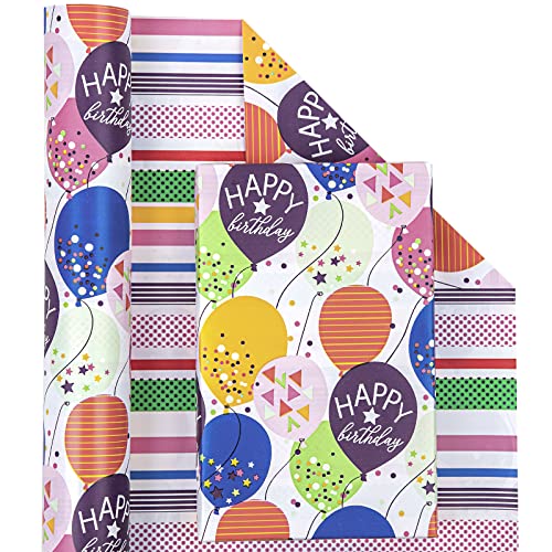 WRAPAHOLIC Birthday Reversible Wrapping Paper - Mini Roll - 17 Inch X 33 Feet - Colorful Balloon with Confetti Design for Birthday, Holiday, Party, Baby Shower