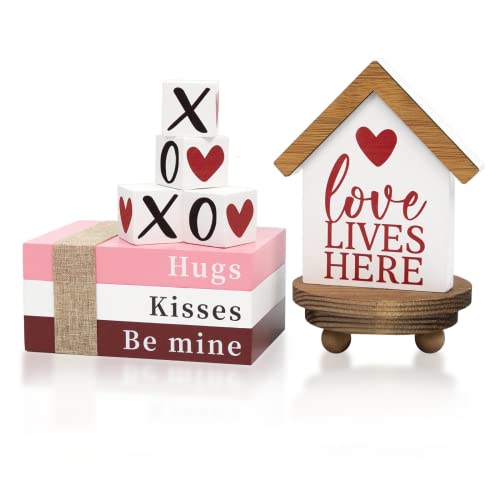 DAZONGE Valentines Day Decor, 6PCS Valentine Tiered Tray Decor, Be Mine Book Stack, XOXO, Love Lives Here House Valentine Signs, Freestanding Valentines Table Decorations for Wedding, Anniversary Events