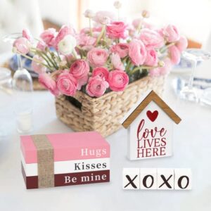 DAZONGE Valentines Day Decor, 6PCS Valentine Tiered Tray Decor, Be Mine Book Stack, XOXO, Love Lives Here House Valentine Signs, Freestanding Valentines Table Decorations for Wedding, Anniversary Events