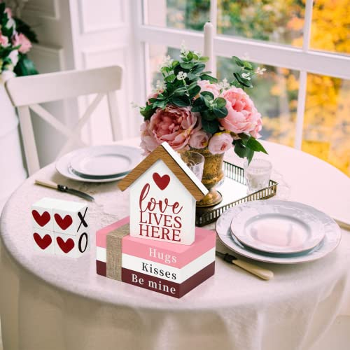 DAZONGE Valentines Day Decor, 6PCS Valentine Tiered Tray Decor, Be Mine Book Stack, XOXO, Love Lives Here House Valentine Signs, Freestanding Valentines Table Decorations for Wedding, Anniversary Events