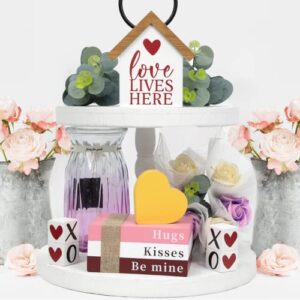 DAZONGE Valentines Day Decor, 6PCS Valentine Tiered Tray Decor, Be Mine Book Stack, XOXO, Love Lives Here House Valentine Signs, Freestanding Valentines Table Decorations for Wedding, Anniversary Events