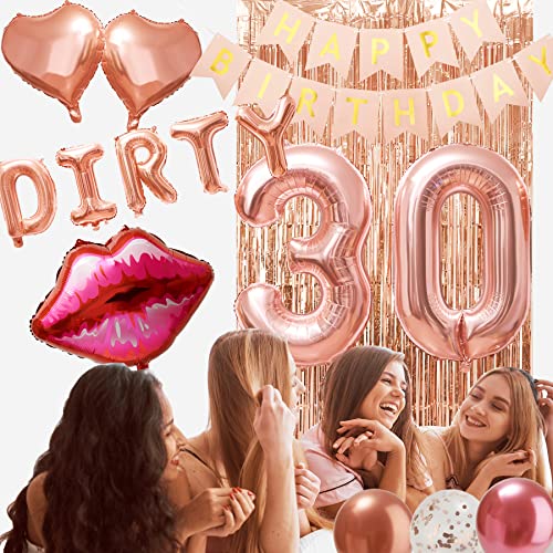 30th Birthday Decorations Set - Happy 30th Birthday Decorations with Happy Birthday Banner, Rose Gold Foil Curtains, Dirty 30 Balloons Kit, Rose Gold Sash - 30th Birthday Decorations for Her