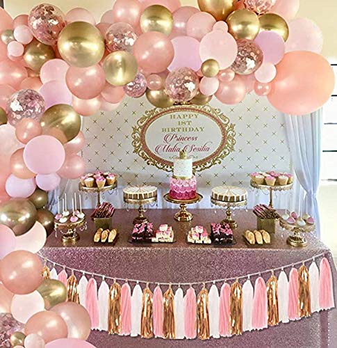 130pcs Rose Gold Balloons with Paper Tassel, Rose Gold Ballon Garland Balloons Kit, Baby Shower Birthday Graduation Anniversary Engagement Bachelorette Balloons Party Decorations for Women Girls