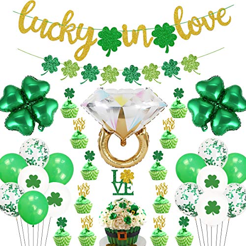 St. Patrick's Day Lucky in Love Decorations Set - Lucky in Love Banner, Love Shamrock Cake Toppers and Balloons, Diamond Ring Foil Balloon for Irish Theme Bridal Shower, Bachelorette, Wedding Party