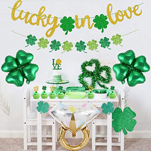 St. Patrick's Day Lucky in Love Decorations Set - Lucky in Love Banner, Love Shamrock Cake Toppers and Balloons, Diamond Ring Foil Balloon for Irish Theme Bridal Shower, Bachelorette, Wedding Party