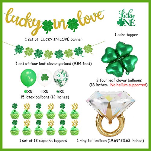 St. Patrick's Day Lucky in Love Decorations Set - Lucky in Love Banner, Love Shamrock Cake Toppers and Balloons, Diamond Ring Foil Balloon for Irish Theme Bridal Shower, Bachelorette, Wedding Party