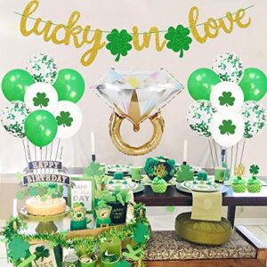 St. Patrick's Day Lucky in Love Decorations Set - Lucky in Love Banner, Love Shamrock Cake Toppers and Balloons, Diamond Ring Foil Balloon for Irish Theme Bridal Shower, Bachelorette, Wedding Party