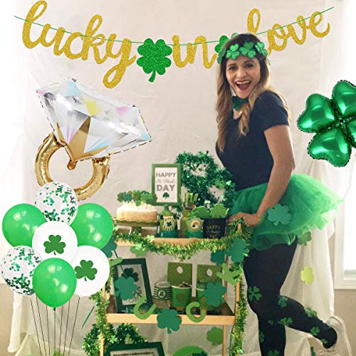 St. Patrick's Day Lucky in Love Decorations Set - Lucky in Love Banner, Love Shamrock Cake Toppers and Balloons, Diamond Ring Foil Balloon for Irish Theme Bridal Shower, Bachelorette, Wedding Party