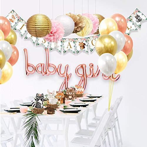 Ola Memoirs Woodland Baby Shower Decorations for Girl - Woodland Creatures It's A Girl Banner, Boho Floral Forest Animals Cutouts, Rose Gold Baby Girl Balloons, Pink, Khaki Pom Poms, Gold Lanterns