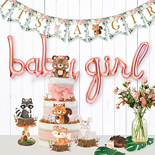 Ola Memoirs Woodland Baby Shower Decorations for Girl - Woodland Creatures It's A Girl Banner, Boho Floral Forest Animals Cutouts, Rose Gold Baby Girl Balloons, Pink, Khaki Pom Poms, Gold Lanterns