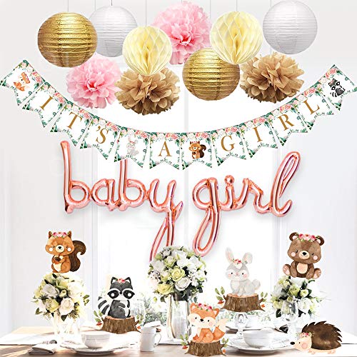 Ola Memoirs Woodland Baby Shower Decorations for Girl - Woodland Creatures It's A Girl Banner, Boho Floral Forest Animals Cutouts, Rose Gold Baby Girl Balloons, Pink, Khaki Pom Poms, Gold Lanterns