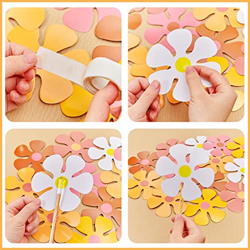 60 Pieces Retro Flower Shaped Cutouts Groovy Retro Hippie Paper Cut Party Decoration Daisy Paper Flower Cutouts for Party Craft Wall School DIY Spring Summer Birthday Home 4.33 Inch, 6 Styles