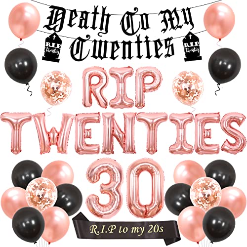 Rip Twenties 30th Birthday Party Decoration for Women Black and Rose Gold Balloon Garland Death to My Twenties Banner, Rip to My 20s Sash, Number 30 Foil Balloon for Funny Thirty Birthday