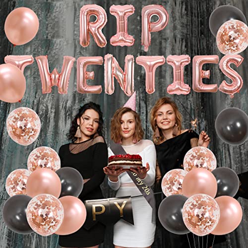 Rip Twenties 30th Birthday Party Decoration for Women Black and Rose Gold Balloon Garland Death to My Twenties Banner, Rip to My 20s Sash, Number 30 Foil Balloon for Funny Thirty Birthday