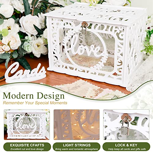 AerWo Wedding Card Box with Lock and String Light, Glittery DIY Wedding Gift Card Boxes for Reception, White PVC Wedding Memory Money Box for Wedding Reception Anniversary Party Decorations