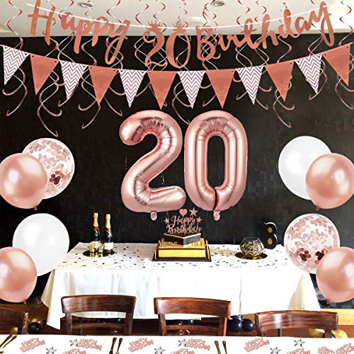 MOVINPE 20th Rose Gold Birthday Decorations, 20th Happy Birthday Banner Pennant Flags 6pcs Hanging Swirl, Number 20 Foil Balloons 8pcs Latex Balloons Cake Toppers Table Confetti for Girls Women