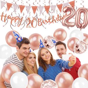 MOVINPE 20th Rose Gold Birthday Decorations, 20th Happy Birthday Banner Pennant Flags 6pcs Hanging Swirl, Number 20 Foil Balloons 8pcs Latex Balloons Cake Toppers Table Confetti for Girls Women