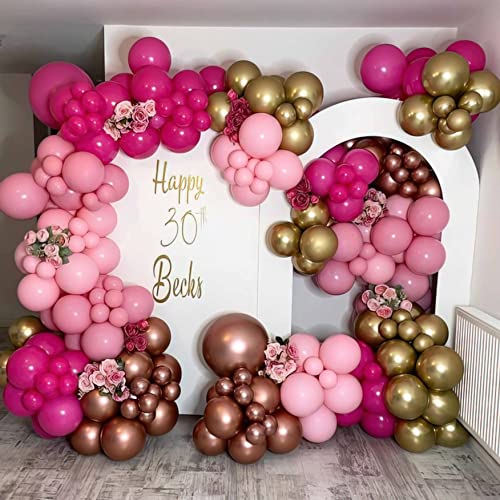 Pink Balloon Garland Arch Kit-122Pcs Hot Pink and Gold Balloons Different Sizes for Barbie Princess Themed Birthday Girl's Baby Shower Bridal Shower Wedding Valentine Party Decorations