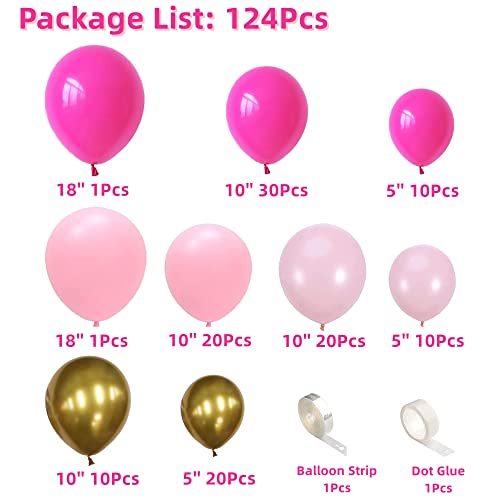 Pink Balloon Garland Arch Kit-122Pcs Hot Pink and Gold Balloons Different Sizes for Barbie Princess Themed Birthday Girl's Baby Shower Bridal Shower Wedding Valentine Party Decorations