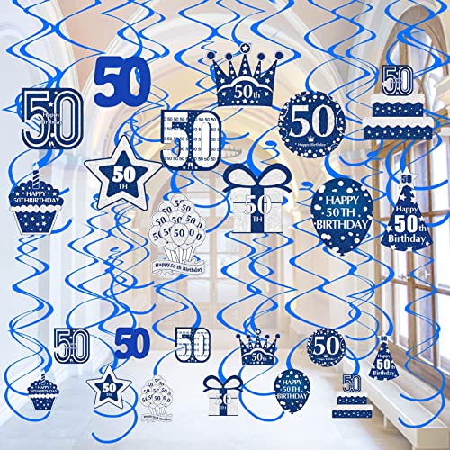 36Pcs 50th Birthday Decorations Hanging Swirls Party Supplies for Men, Happy 50 Year Old Birthday Party Ceiling Hanging Foil Swirl Decor, Blue Silver Fifty Birthday Hanging Sign