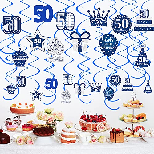 36Pcs 50th Birthday Decorations Hanging Swirls Party Supplies for Men, Happy 50 Year Old Birthday Party Ceiling Hanging Foil Swirl Decor, Blue Silver Fifty Birthday Hanging Sign