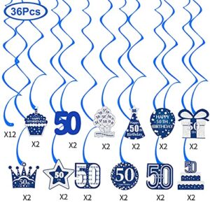 36Pcs 50th Birthday Decorations Hanging Swirls Party Supplies for Men, Happy 50 Year Old Birthday Party Ceiling Hanging Foil Swirl Decor, Blue Silver Fifty Birthday Hanging Sign