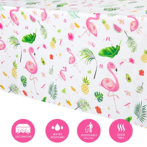 WERNNSAI Flamingo Tablecloth - 108''x 54'' Tropical Luau Party Disposable Plastic Table Cover Pineapple Party Supplies for Kid Girl Picnic Birthday Party Decoration