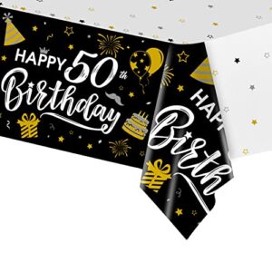 50th birthday decorations, 1pcs black and gold happy birthday tablecloth for men women, plastic disposable rectangle table cover for birthday party decor- 54″ x 108″