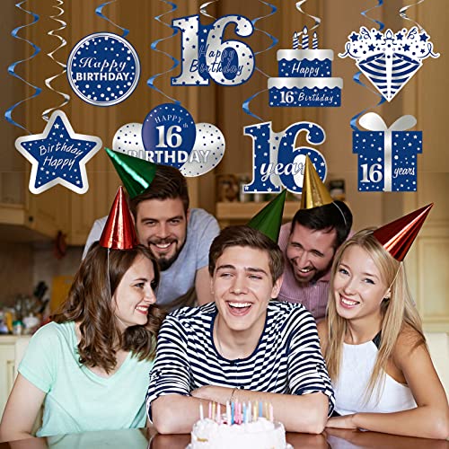 Blue Silver 16th Birthday Hanging Swirls Decorations for Boys, 16Pcs Happy 16 Year Old Birthday Foil Swirl Party Supplies, Sixteen Birthday Ceiling Hanging Sign Decor