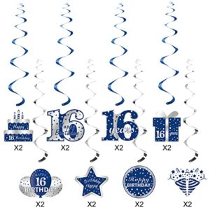 Blue Silver 16th Birthday Hanging Swirls Decorations for Boys, 16Pcs Happy 16 Year Old Birthday Foil Swirl Party Supplies, Sixteen Birthday Ceiling Hanging Sign Decor